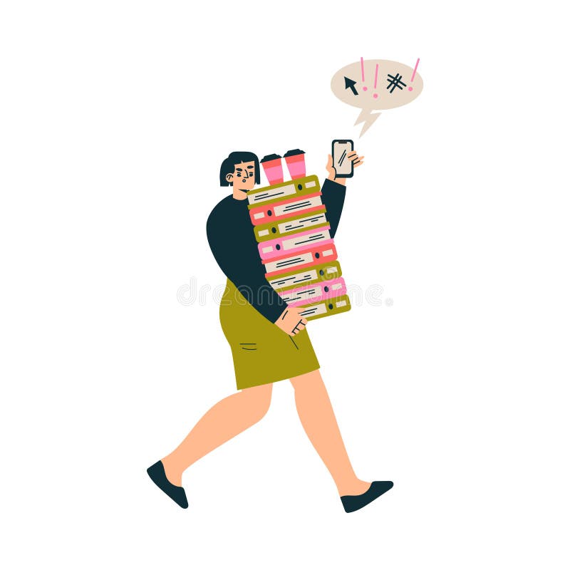 Multitasking Woman Character Doing Multiple Task Carry Pile of Folder ...