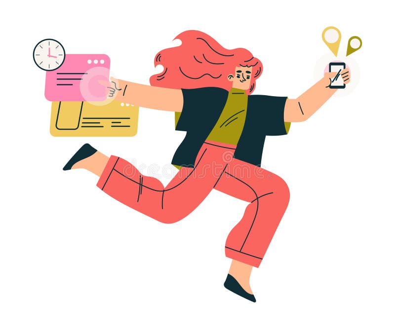 Multitasking Woman Character Doing Multiple Task on Smartphone App ...