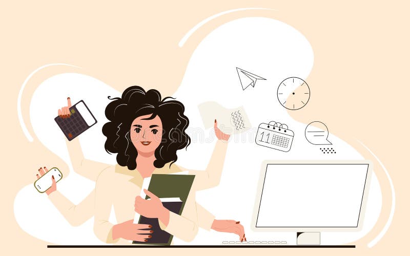 Multitasking Woman at Work in the Office Stock Vector - Illustration of ...