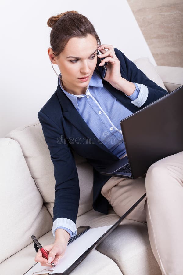 Multitasking Woman Working at Home Stock Image - Image of sitting ...