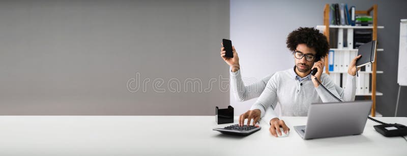 Multitasking Workload of Happy Busy Man Stock Image - Image of ...