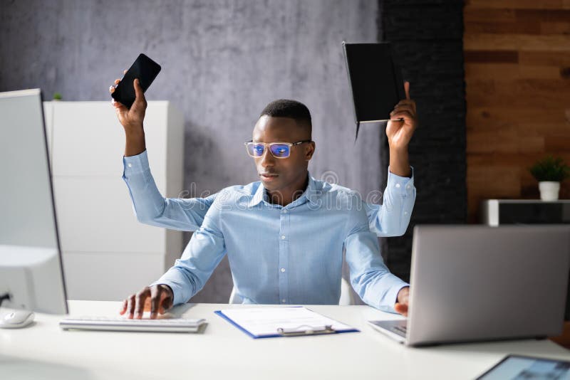 Multitasking Workload of Happy Busy Man Worker Stock Image - Image of ...