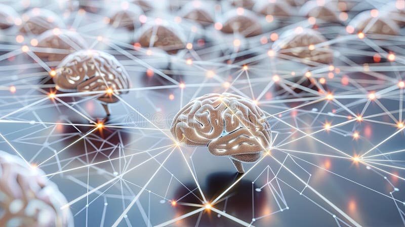 A Multitude of Human Brains Linked Together by a Glowing Grid. the ...