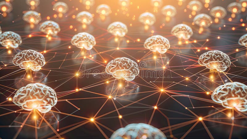 A Multitude of Human Brains Linked Together by a Glowing Grid. the ...