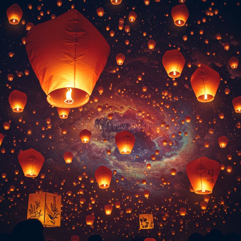 A Multitude of Illuminated Paper Lanterns Float Upwards into a Starry ...