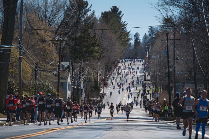 Marathon Runners Conquering the Famous Heartbreak Hill Under a Clear ...