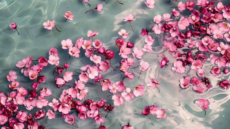 A Multitude of Pink Cherry Blossoms Floating on the Surface of Clear ...