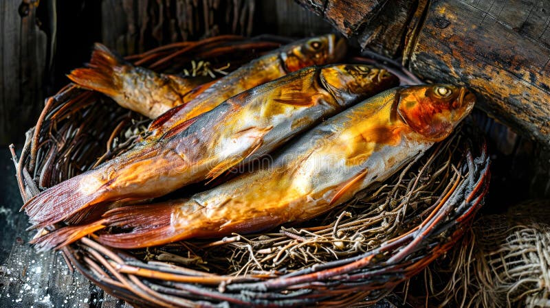 Assorted Smoked Fish Perched on Basket Stock Illustration ...