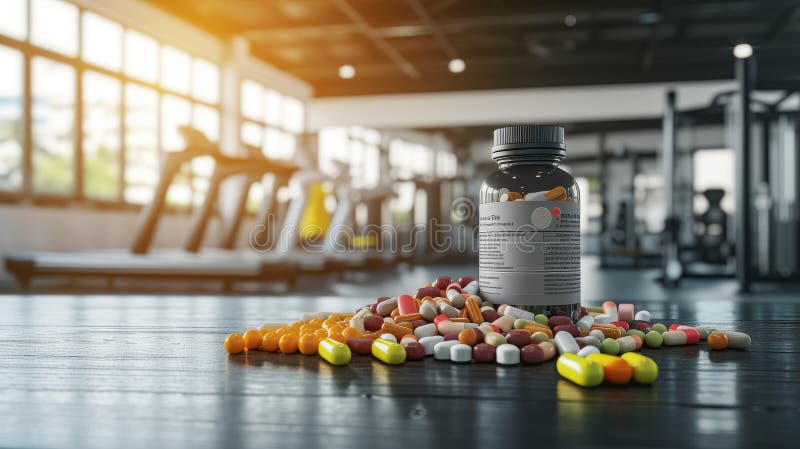Multivitamin Bottle and Pills in Modern Gym Setting Stock Photo - Image ...