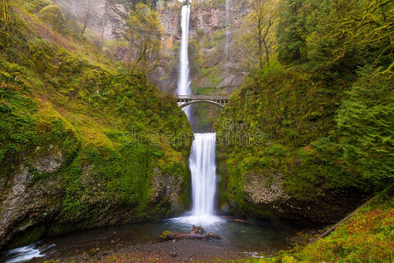 Multnomah Falls by Benson Bridge in Oregon Spring Season Stock Photo ...