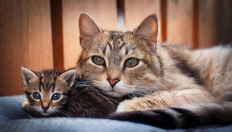 Mum Cat Cuddling Her Cub, AI Generated Stock Illustration ...