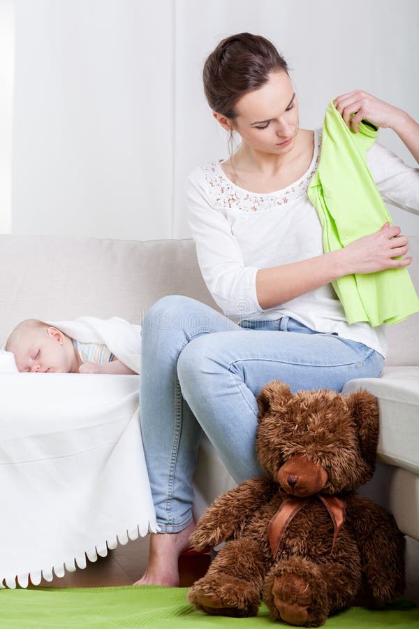 Mum Cleaning Room and Sleeping Baby Stock Image - Image of happiness ...