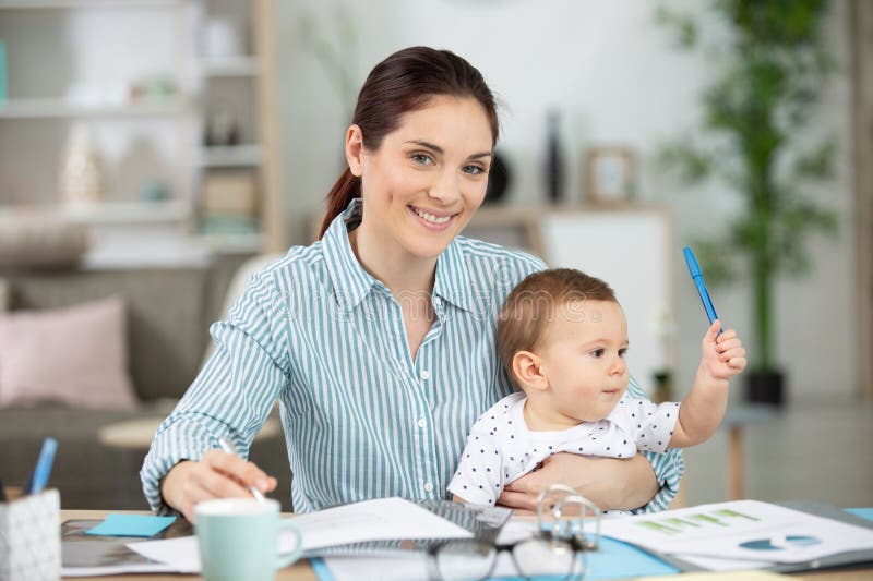 Mum Working from Home with Baby on Lap Stock Photo - Image of desk ...