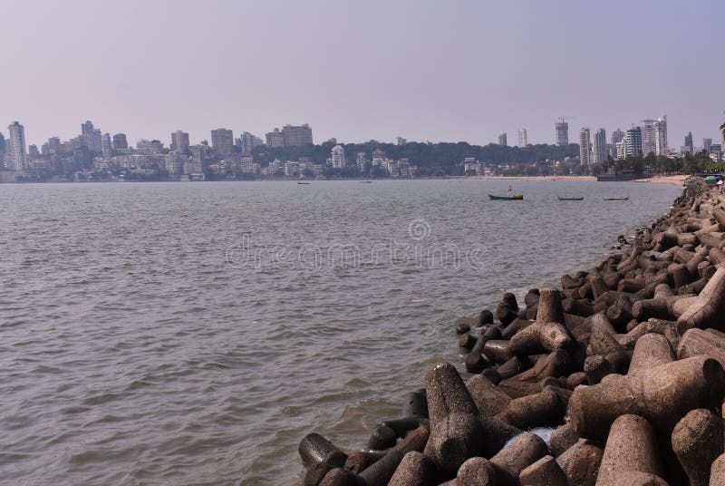 Mumbai Marine Drive Captured from Close with Big Rocks Stock Image ...