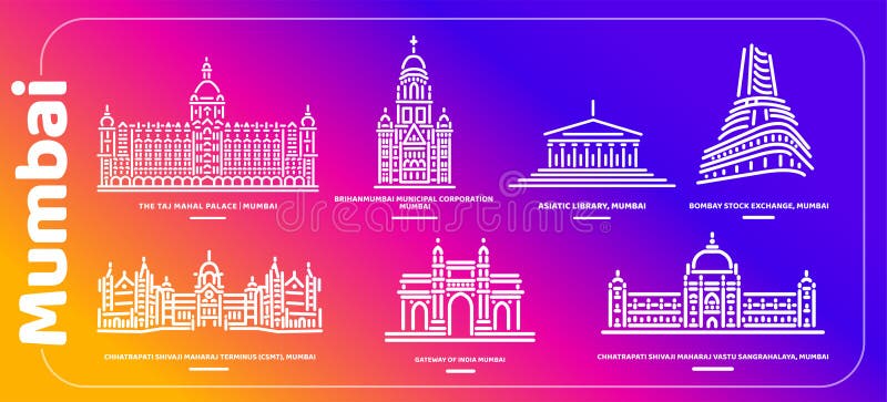 Mumbai Monuments Building Illustration Set of Icons Stock Vector ...