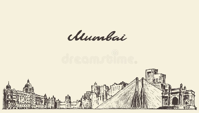 Mumbai Skyline Vintage Vector Illustration Sketch Stock Vector ...