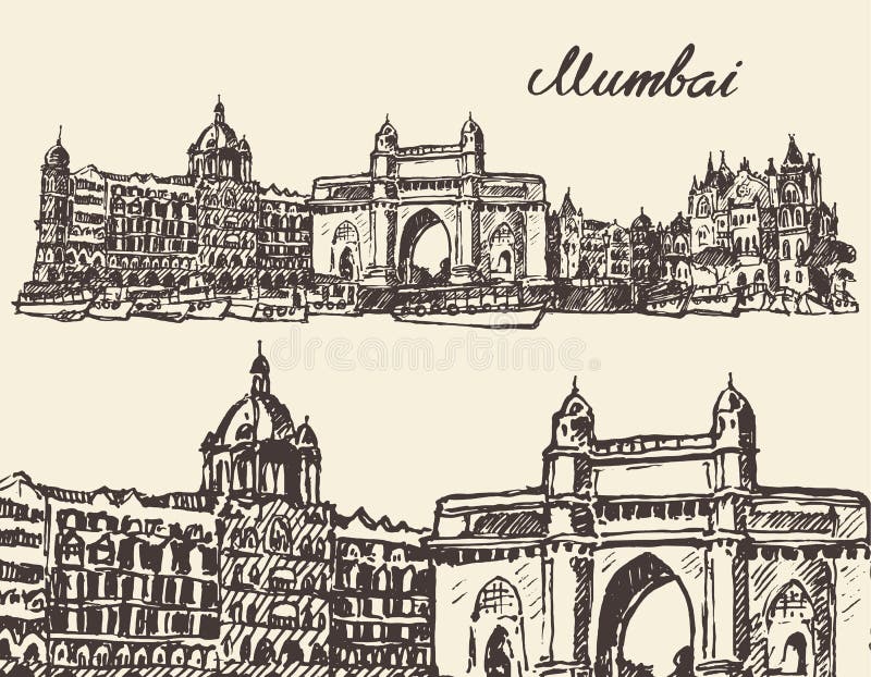 Mumbai Skyline Vintage Vector Illustration Sketch Stock Vector ...