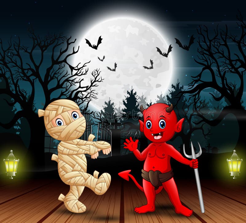 Mummy and Red Devil Outdoors in the Night Stock Vector - Illustration ...