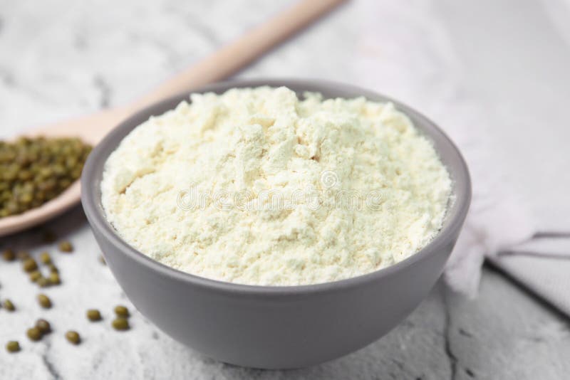 Mung Bean Flour in Bowl and Seeds on White Textured Table Stock Photo ...
