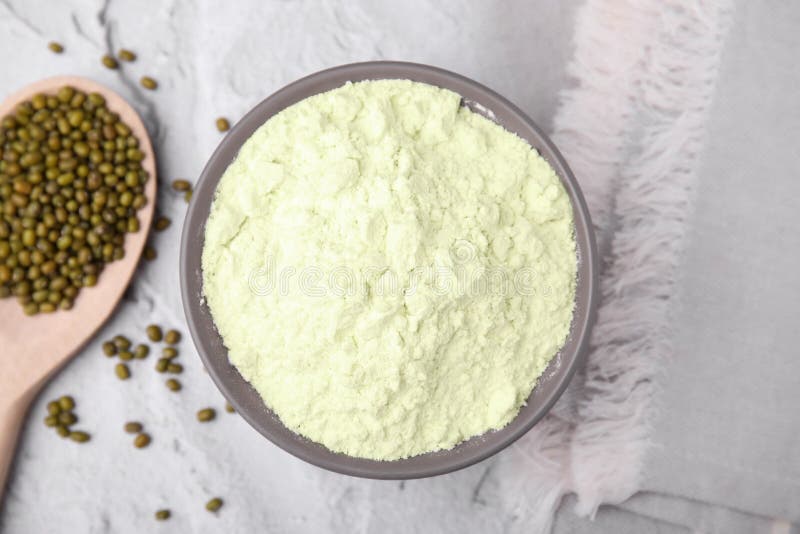 Mung Bean Flour in Bowl and Seeds on White Textured Table, Flat Lay ...
