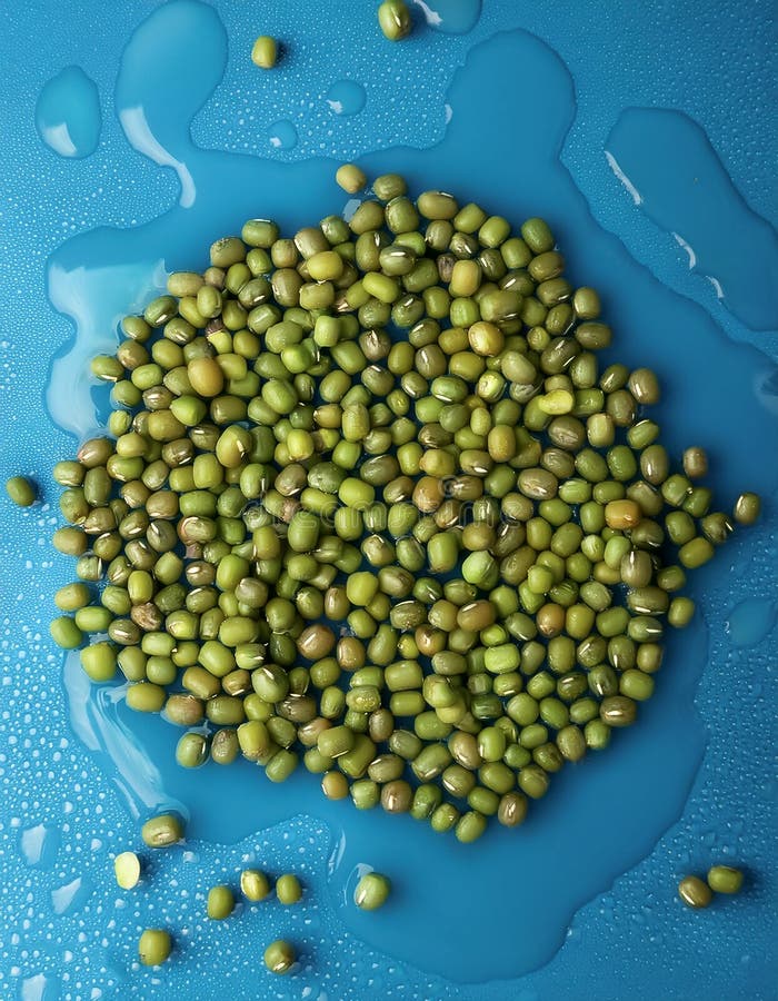 Mung Beans Floating on Blue Clear Water with Glittering Droplets Stock ...