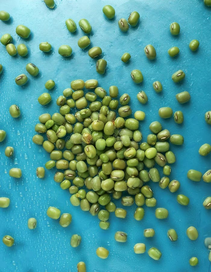 Mung Beans Floating on Blue Clear Water with Glittering Droplets Stock ...