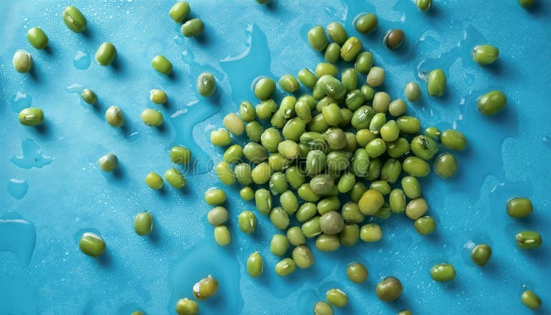 Mung Beans Floating on Blue Clear Water with Glittering Droplets Stock ...