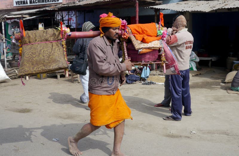 Brightly Dressed Religious Pilgrims Walk Alongside the Road in Rural ...