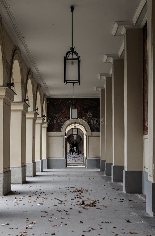 Long Corridor with Antique Lantern Hanging from Ceiling and Beautiful ...