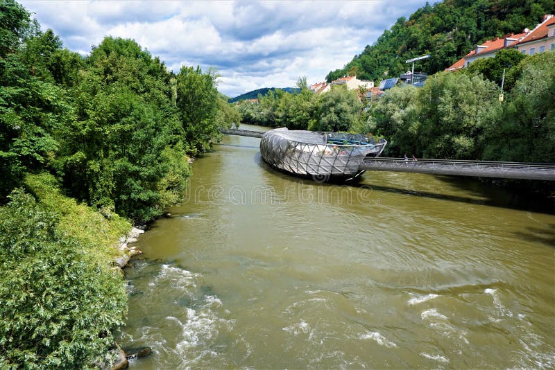 Mur River and Island in Graz Stock Image - Image of murinsel, bridge ...