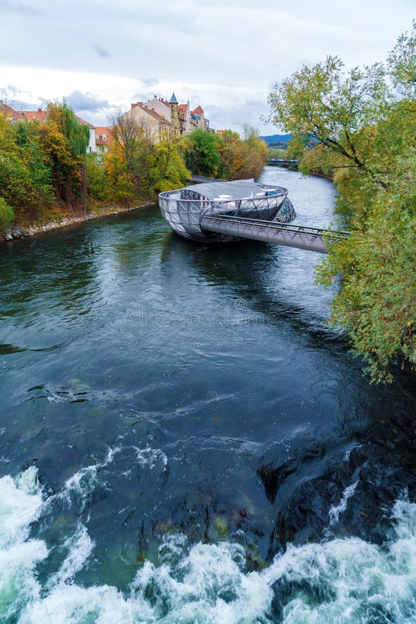 Mur River with Murinsel Bridge and Mariahilfer Church in the Background ...