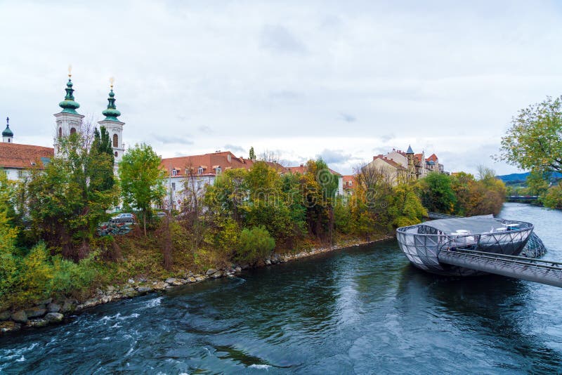 Mur River and Murinsel, Graz, Austria Stock Image - Image of historic ...