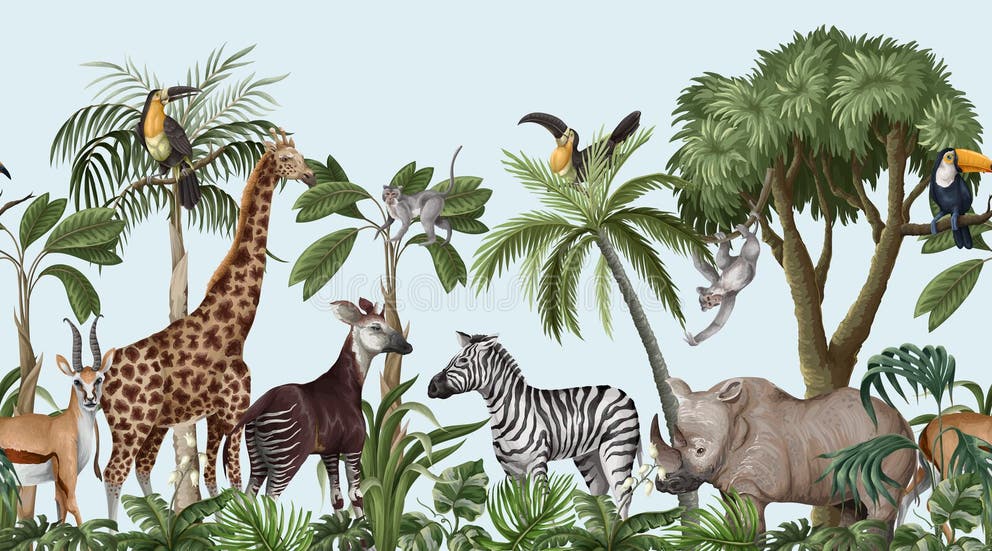 Mural with Jungle Animals and Trees, Realistic, Cute Landscape. Vector ...