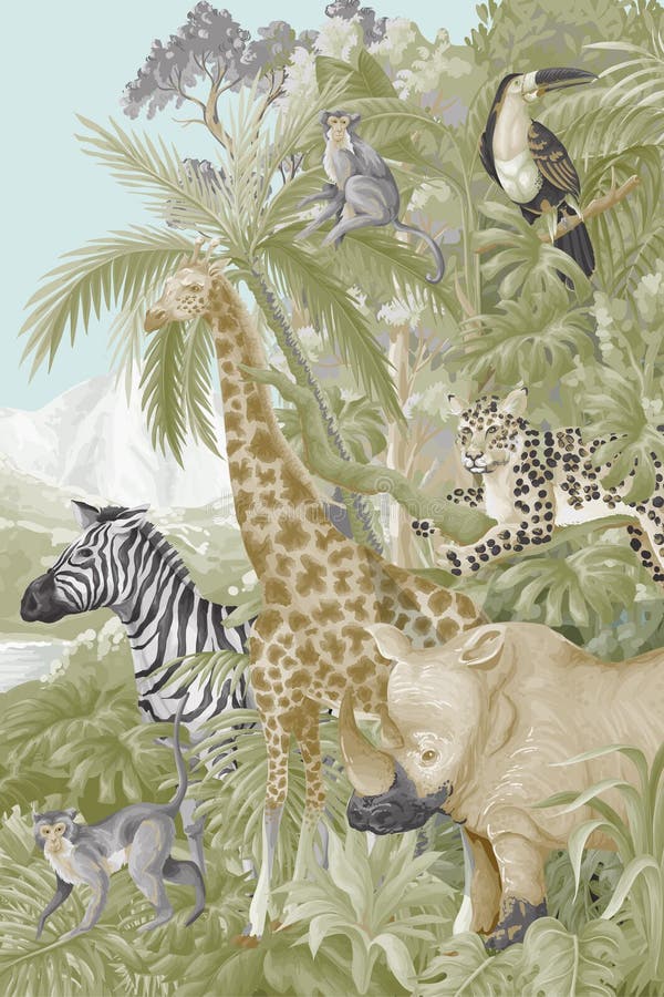 Mural with Jungle Animals and Trees, Realistic, Cute Landscape. Vector ...