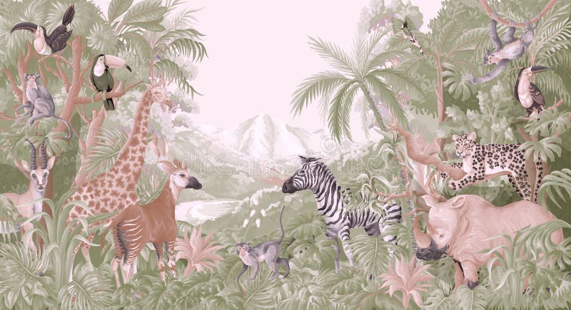 Mural with Jungle Animals and Trees, Realistic, Cute Landscape. Vector ...