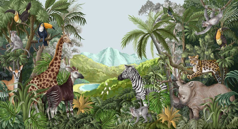 Mural with Jungle Animals and Trees, Realistic, Cute Landscape. Vector ...