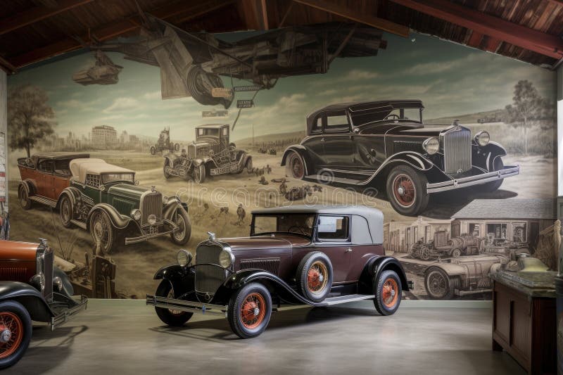 Mural of Past and Present Vintage Vehicles on the Wall of Workshop ...