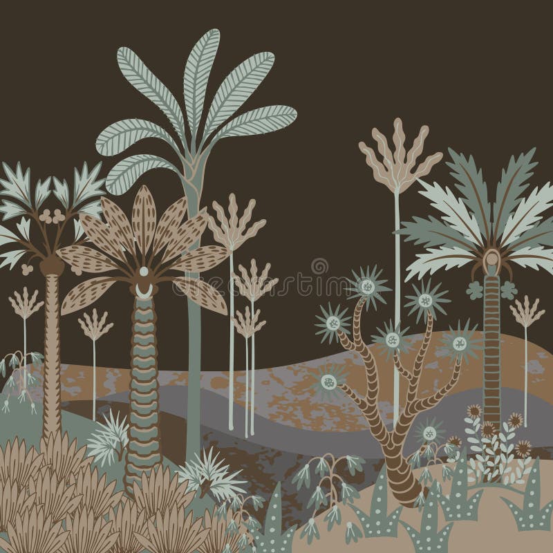 Mural with Simple Landscape with Trees and Plants. Tropical Jungle ...