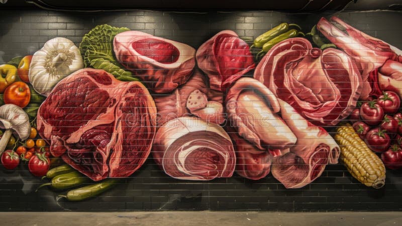 Mural Various Meats. Wall Paint for Cafe and Restaurant Stock Photo ...