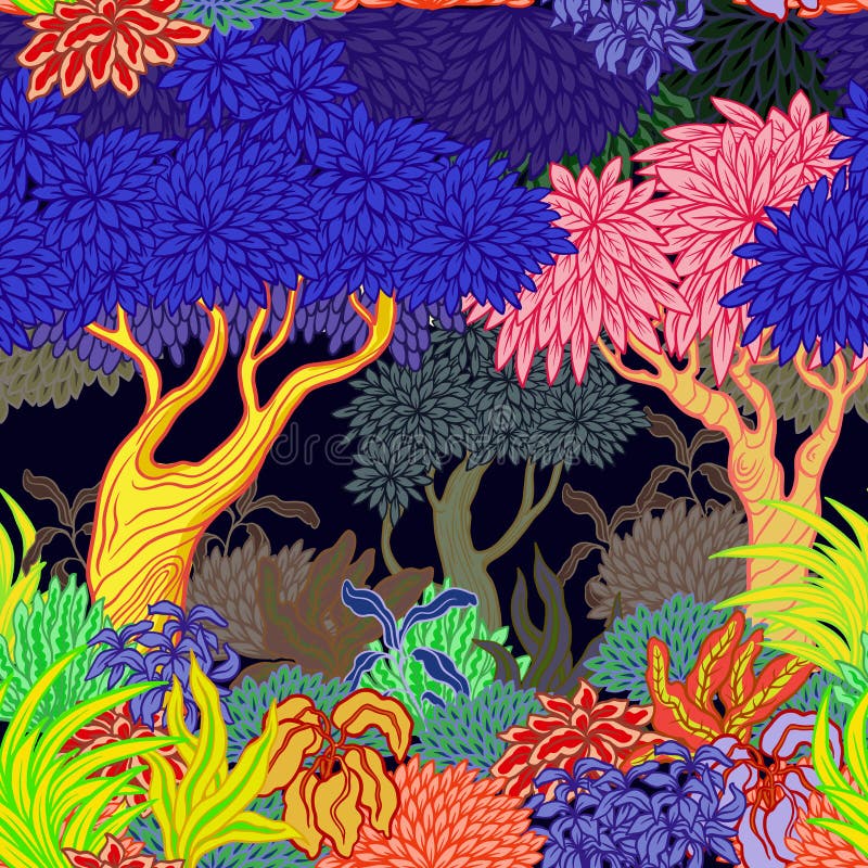 Mural with Vivid Stylized Trees and Plants in Graphic Style. Vector ...