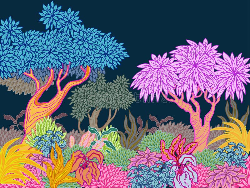Mural with Vivid Stylized Trees and Plants in Graphic Style. Vector ...