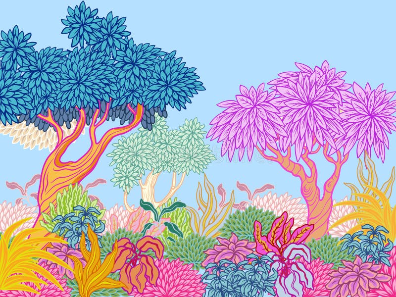 Mural with Vivid Stylized Trees and Plants in Graphic Style. Vector ...