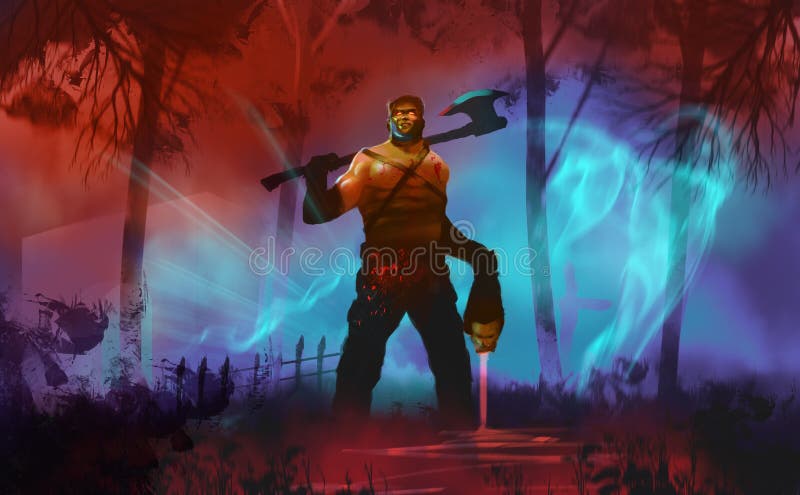 Murderer Carrying Human Head and Axe, Against Graveyard and Spirits ...
