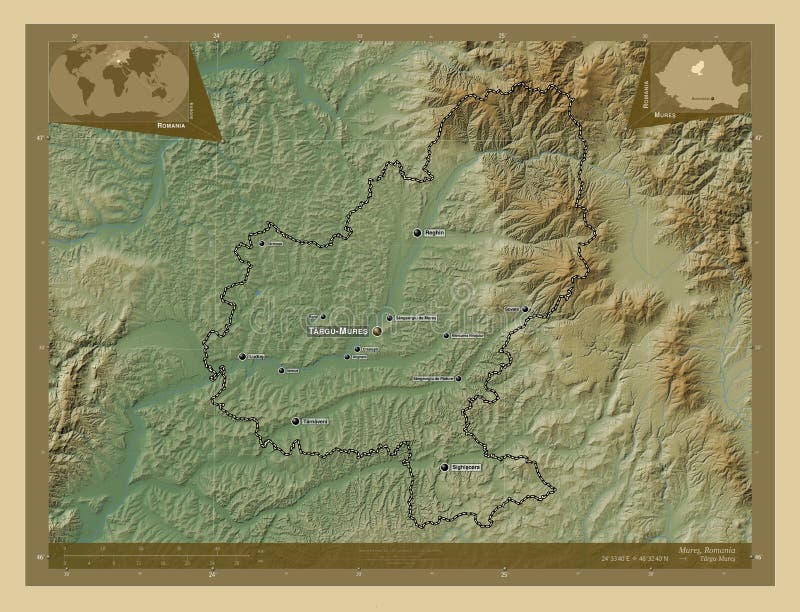 Mures, Romania. Physical. Labelled Points of Cities Stock Illustration ...