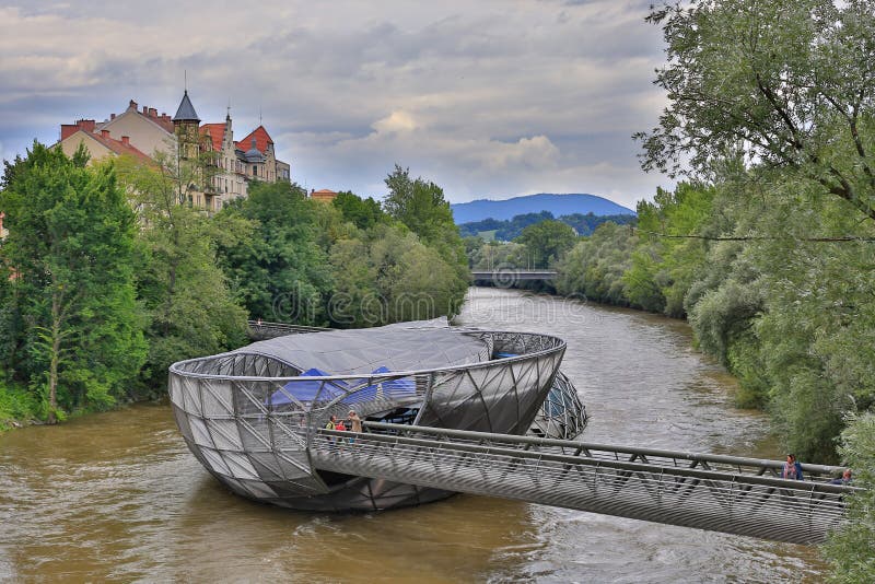 Murinsel Bridge Across Mur River In Graz, Austria. It Is An Artificial ...