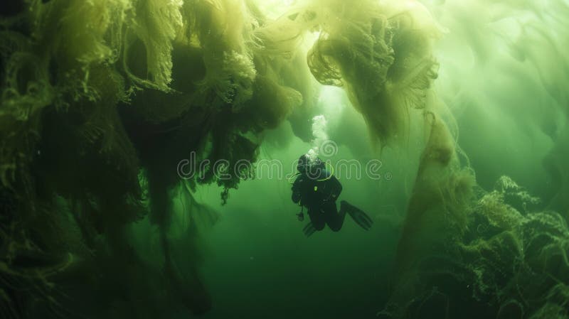 A Murky Ocean Scene with Dark Shadowy Water and a Thick Layer of Green ...