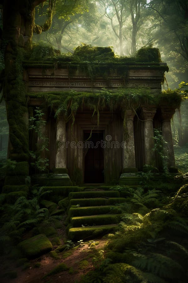 The Murky Scene of a Temple Left in the Deep Forest Stock Photo - Image ...