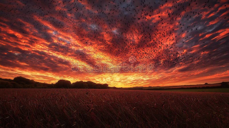 Murmuration of Starlings Forming Patterns in the Evening Sky Over ...