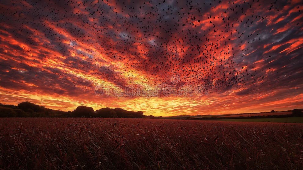 Murmuration of Starlings Forming Patterns in the Evening Sky Over ...