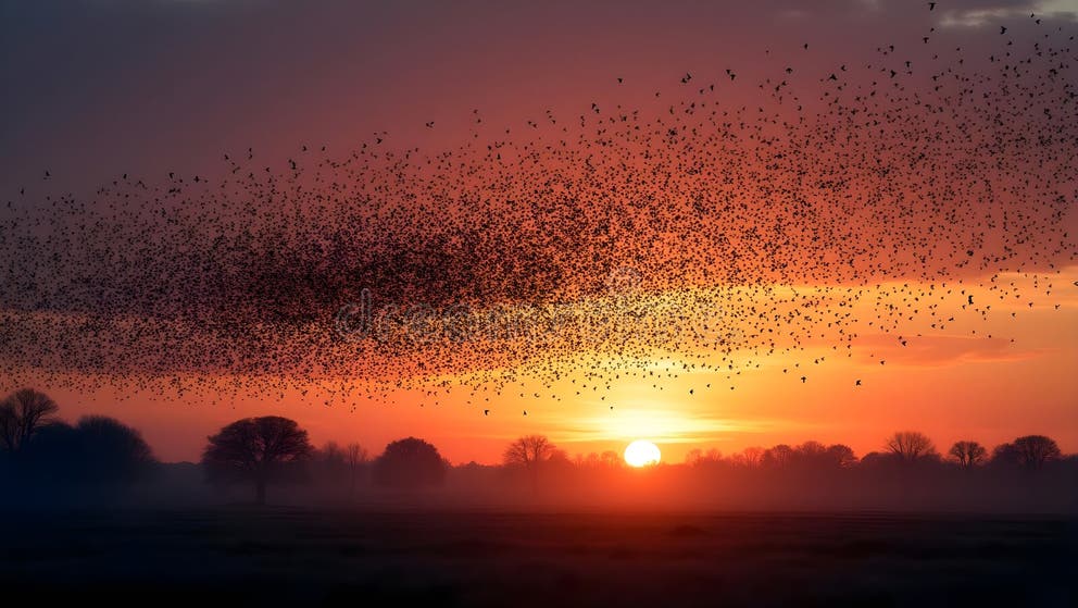 Murmuration of Starlings at Sunset with Ethereal Sky Patterns Stock ...